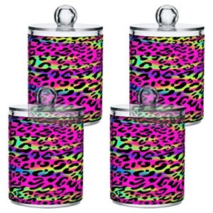 ALAZA Rainbow Leopard Print 4 Pack Qtip Holder Dispenser with Lid 14 Oz Clear Plastic Apothecary Jar Containers Jars Bathroom for Cotton Swab, Ball, Pads, Floss, Vanity Makeup Organizer