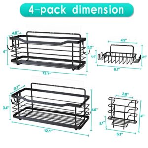 Auroglint Stainless Steel Black Shower Caddy, Large Storage Shower Racks for Bathroom, Wall Mounted No Drilling Storage Shower Shelves with Removable Hooks (4 pack)