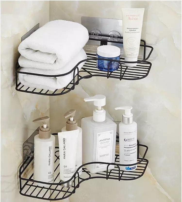 LAMEF 2 Packs Shower Corner Shelf with Soap Holder, Bathroom Shower Organizer with Toothpaste Dispenser and Toothbrush Set Holder, Shower Corner Caddy with Adhesive Hooks for Bathroom Storage