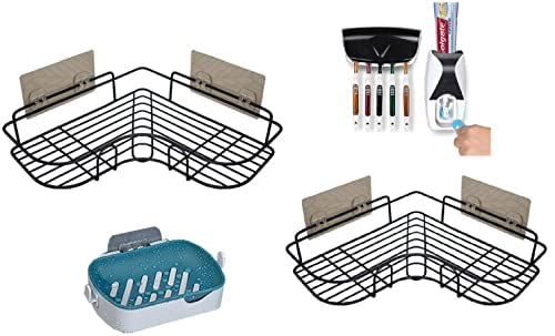 LAMEF 2 Packs Shower Corner Shelf with Soap Holder, Bathroom Shower Organizer with Toothpaste Dispenser and Toothbrush Set Holder, Shower Corner Caddy with Adhesive Hooks for Bathroom Storage