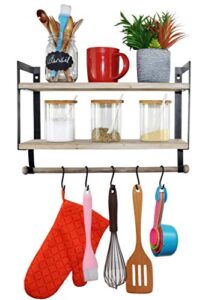 spiretro floating shelves 2 tier wall shelf, spice rack with towel tissue bar, metal hooks organize mugs utensils, home storage for kitchen, bathroom, rustic wood_grey