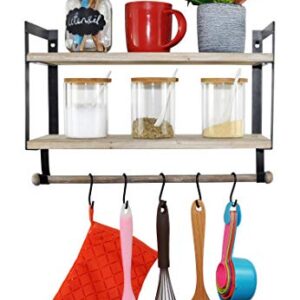 Spiretro Floating Shelves 2 Tier Wall Shelf, Spice Rack with Towel Tissue Bar, Metal Hooks Organize Mugs Utensils, Home Storage for Kitchen, Bathroom, Rustic Wood_Grey