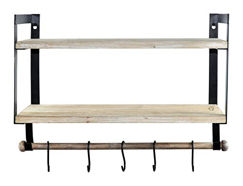 Spiretro Floating Shelves 2 Tier Wall Shelf, Spice Rack with Towel Tissue Bar, Metal Hooks Organize Mugs Utensils, Home Storage for Kitchen, Bathroom, Rustic Wood_Grey