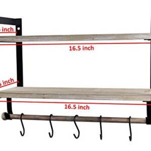 Spiretro Floating Shelves 2 Tier Wall Shelf, Spice Rack with Towel Tissue Bar, Metal Hooks Organize Mugs Utensils, Home Storage for Kitchen, Bathroom, Rustic Wood_Grey