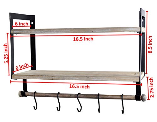 Spiretro Floating Shelves 2 Tier Wall Shelf, Spice Rack with Towel Tissue Bar, Metal Hooks Organize Mugs Utensils, Home Storage for Kitchen, Bathroom, Rustic Wood_Grey