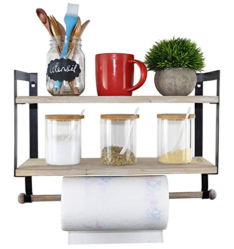 Spiretro Floating Shelves 2 Tier Wall Shelf, Spice Rack with Towel Tissue Bar, Metal Hooks Organize Mugs Utensils, Home Storage for Kitchen, Bathroom, Rustic Wood_Grey