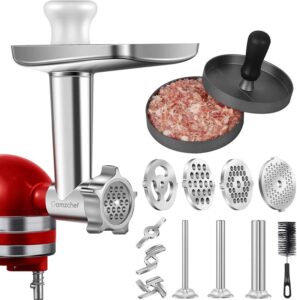 metal food grinder attachment for kitchenaid stand mixers, amzchef meat grinder attachments included 3 sausage stuffer tubes & a holder,4 grinding plates,2 grinding blades, burger press,cleaning brush