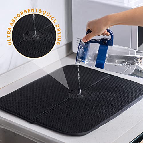 Dish Drying Mat for Kitchen Counter Dishes Towels Absorbent Sink Drain Mats with Microfiber,14" x17”,3 Pack Black