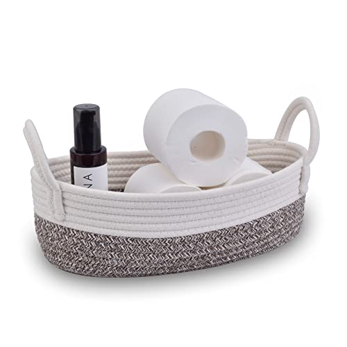 DIY Woven Storage Basket for Toilet Tank Top, Cotton Rope Organizing Basket for Bathroom Farmhouse Home Decor,Table, Paper and Counter 13.2"x6"x4.1" (White With Beige)