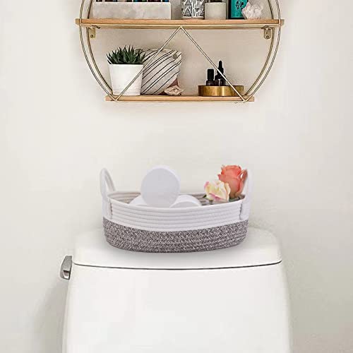 DIY Woven Storage Basket for Toilet Tank Top, Cotton Rope Organizing Basket for Bathroom Farmhouse Home Decor,Table, Paper and Counter 13.2"x6"x4.1" (White With Beige)