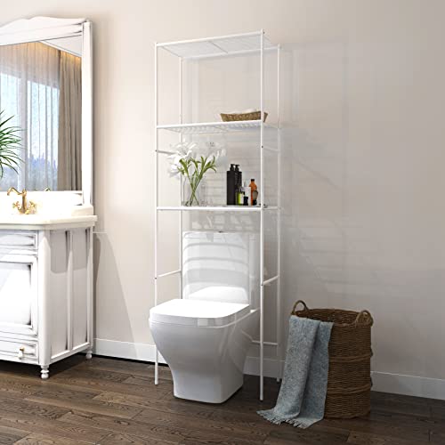 fusehome Over The Toilet Storage Rack, 3 Tier Over The Toilet Bathroom Organizer Shelf, Freestanding Space Saver Toilet Stands with 4 Hooks