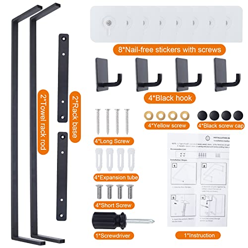 27.6'' Towel Rack, Stainless Steel Wall Mounted Towel Racks for Bathroom, Extra Long Towel Storage, Bath Towel Holder with Accessory Kit for Rolled Towel, Washcloths, Can Be Drilling or Not, Black