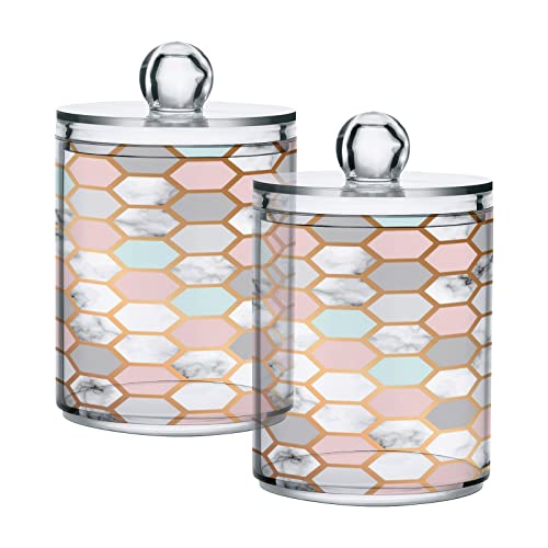 BOENLE 2 Pack Qtip Holder Dispenser Marble Rose Gold Pink Honeycomb Bathroom Storage Canister Lid Acrylic Plastic Apothecary Jar Set Vanity Makeup Organizer for Cotton Swab/Ball/Pad