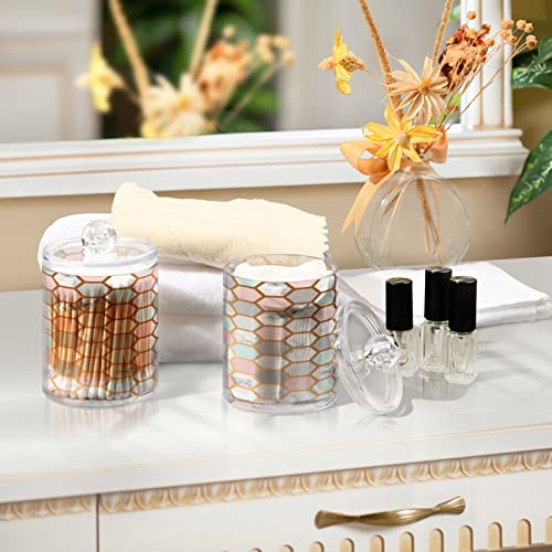 BOENLE 2 Pack Qtip Holder Dispenser Marble Rose Gold Pink Honeycomb Bathroom Storage Canister Lid Acrylic Plastic Apothecary Jar Set Vanity Makeup Organizer for Cotton Swab/Ball/Pad