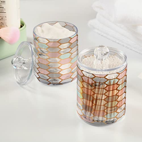 BOENLE 2 Pack Qtip Holder Dispenser Marble Rose Gold Pink Honeycomb Bathroom Storage Canister Lid Acrylic Plastic Apothecary Jar Set Vanity Makeup Organizer for Cotton Swab/Ball/Pad