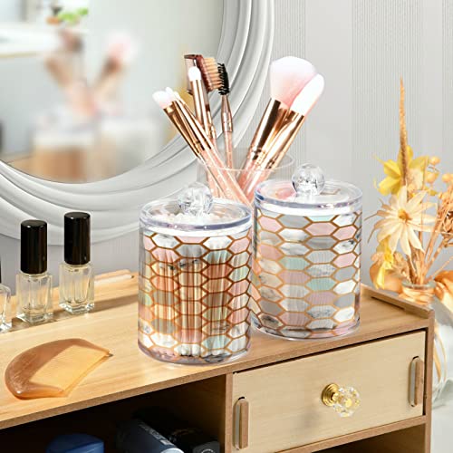 BOENLE 2 Pack Qtip Holder Dispenser Marble Rose Gold Pink Honeycomb Bathroom Storage Canister Lid Acrylic Plastic Apothecary Jar Set Vanity Makeup Organizer for Cotton Swab/Ball/Pad