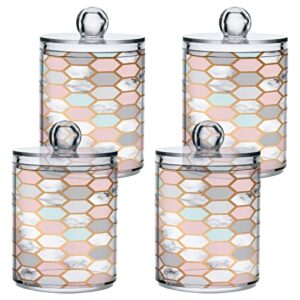 BOENLE 2 Pack Qtip Holder Dispenser Marble Rose Gold Pink Honeycomb Bathroom Storage Canister Lid Acrylic Plastic Apothecary Jar Set Vanity Makeup Organizer for Cotton Swab/Ball/Pad