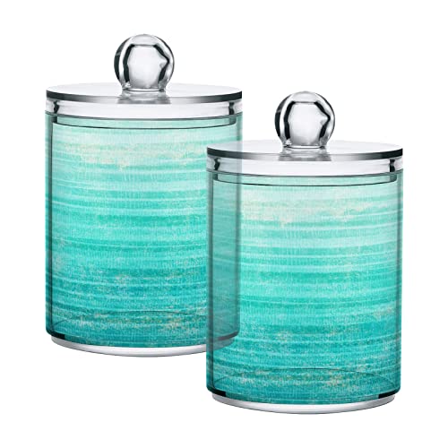 Grunge Turquoise Teal Wood Qtip Dispenser Apothecary Jars Farmhouse Green Bathroom Qtip Holder Storage Canister Plastic Jar 10 Oz for Cotton Ball Swab Round Pads Floss 2pcs