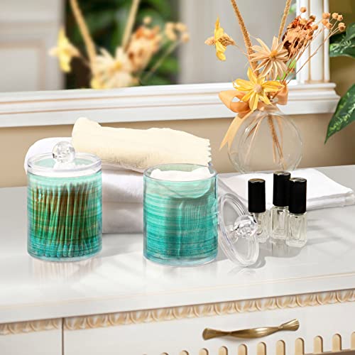 Grunge Turquoise Teal Wood Qtip Dispenser Apothecary Jars Farmhouse Green Bathroom Qtip Holder Storage Canister Plastic Jar 10 Oz for Cotton Ball Swab Round Pads Floss 2pcs