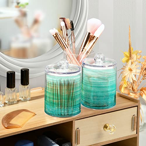 Grunge Turquoise Teal Wood Qtip Dispenser Apothecary Jars Farmhouse Green Bathroom Qtip Holder Storage Canister Plastic Jar 10 Oz for Cotton Ball Swab Round Pads Floss 2pcs