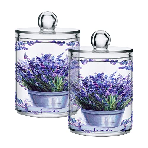 Kigai Purple Lavender Qtip Holder Dispenser with Lids 2 Pack ,Clear Plastic Apothecary Jar Containers for Vanity Makeup Organizer Storage - Bathroom Accessories Set for Cotton Swab, Ball, Pads, Floss