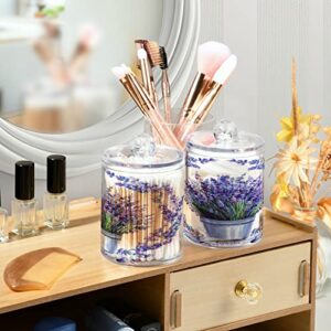 Kigai Purple Lavender Qtip Holder Dispenser with Lids 2 Pack ,Clear Plastic Apothecary Jar Containers for Vanity Makeup Organizer Storage - Bathroom Accessories Set for Cotton Swab, Ball, Pads, Floss