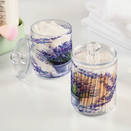 Kigai Purple Lavender Qtip Holder Dispenser with Lids 2 Pack ,Clear Plastic Apothecary Jar Containers for Vanity Makeup Organizer Storage - Bathroom Accessories Set for Cotton Swab, Ball, Pads, Floss