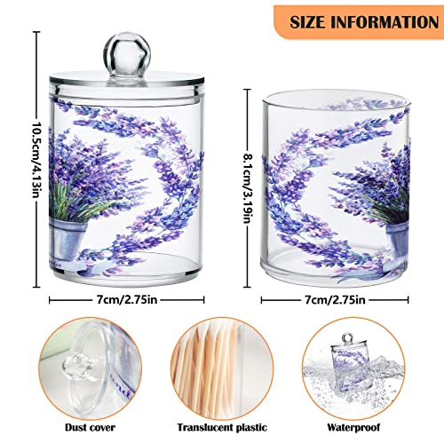 Kigai Purple Lavender Qtip Holder Dispenser with Lids 2 Pack ,Clear Plastic Apothecary Jar Containers for Vanity Makeup Organizer Storage - Bathroom Accessories Set for Cotton Swab, Ball, Pads, Floss