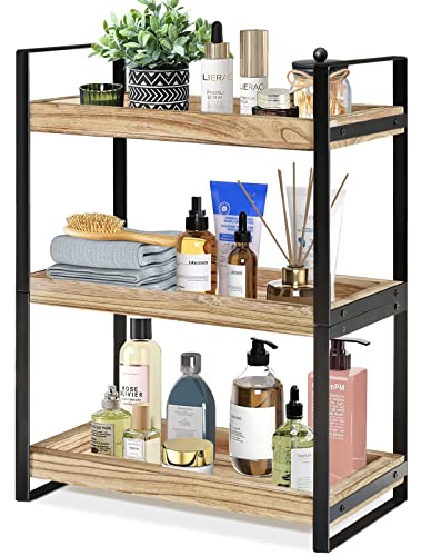 3-Tier Bathroom Organizer Countertop, Wood Bathroom Trays Vanity Organizer for Counter, Makeup Shelf Perfume Organizer Standing Rack, Countertop Storage Shelf for Bathroom Kitchen Office