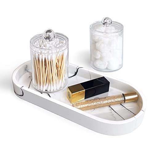 ODOORGAS Acrylic Qtip Holder with Vanity Tray, Bathroom Jars with Lid, Apothecary Jars Bathroom Canisters Containers Q tip Jars for Cotton Swab Ball Round Pad Floss, Q tip Storage Organizer Set