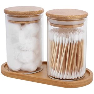 2 pcs qtip holder dispenser with bamboo lids ＆ tray, 10 oz cotton swab holder cotton ball organizer, apothecary jars bathroom storage organizer, clear glass bathroom storage jars, vanity storage organizer canister for cotton swab, ball, pads, floss