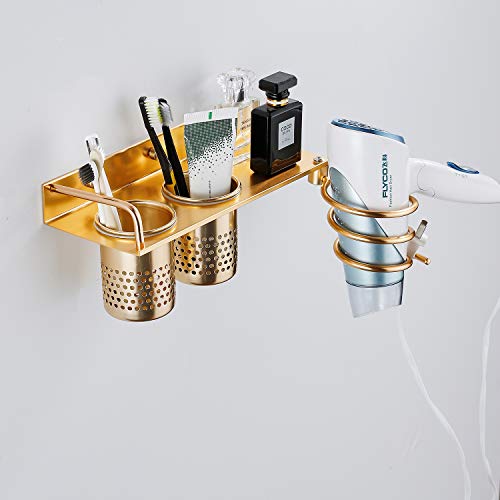 Adhesive or Drilling Blow Dryer Holder Bathroom Storage Shelf Comb Hair Tools Organizer Gold Color