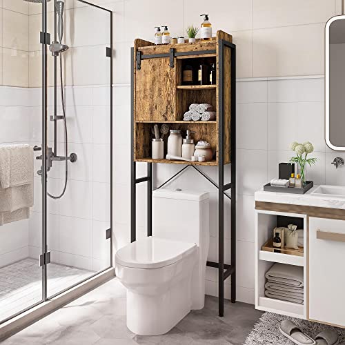 Topeakmart Over The Toilet Storage Cabinet with Slide Rail, Space-Saving Organizer Rack with Cupboard and Adjustable Shelves for Bathroom, Rustic Brown