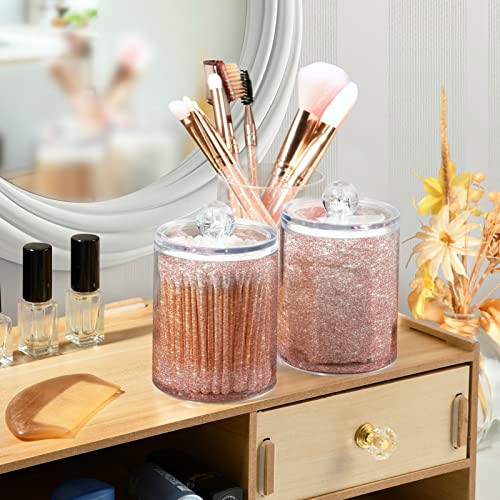 Kigai Sparkling Rose Gold Qtip Holder Dispenser with Lids 2PCS - 14 oz Bathroom Storage Organizer Set, Clear Apothecary Jars Food Storage Containers, for Tea, Coffee, Cotton Ball, Floss