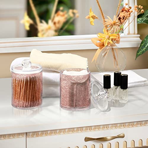 Kigai Sparkling Rose Gold Qtip Holder Dispenser with Lids 2PCS - 14 oz Bathroom Storage Organizer Set, Clear Apothecary Jars Food Storage Containers, for Tea, Coffee, Cotton Ball, Floss