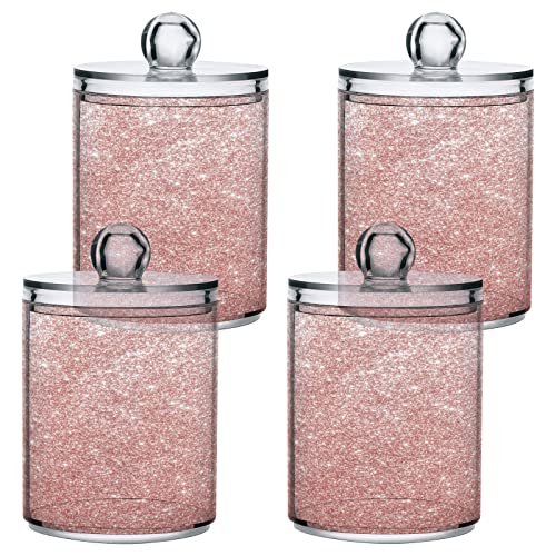 Kigai Sparkling Rose Gold Qtip Holder Dispenser with Lids 2PCS - 14 oz Bathroom Storage Organizer Set, Clear Apothecary Jars Food Storage Containers, for Tea, Coffee, Cotton Ball, Floss