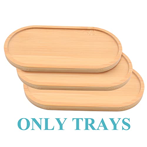 3 Pack Bamboo Trays for Bathroom Shampoo Shower Dispenser Holder Accessories Countertop Light Wood Trays Organizer Plate Tabletop Home Decoration Oval (Only Trays)