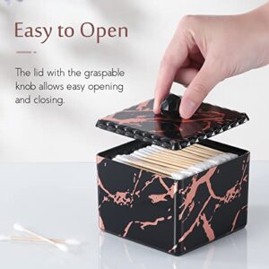 Lewondr Cotton Swab Dispenser with Lid, Marble Q-tip Storage Box Cotton buds Holder Bathroom Vanity Countertop Organizer Canister Jar for Cotton Swabs/Balls, Makeup Sponges, Bath Salts-Black Rose Gold