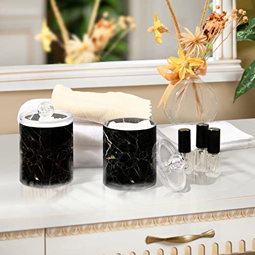 ALAZA 2 Pack Qtip Holder Dispenser Dark Black Marble Bathroom Organizer Canisters for Cotton Balls/Swabs/Pads/Floss,Plastic Apothecary Jars for Vanity