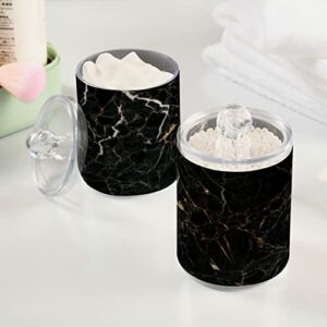 ALAZA 2 Pack Qtip Holder Dispenser Dark Black Marble Bathroom Organizer Canisters for Cotton Balls/Swabs/Pads/Floss,Plastic Apothecary Jars for Vanity