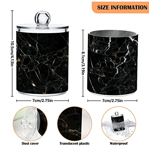 ALAZA 2 Pack Qtip Holder Dispenser Dark Black Marble Bathroom Organizer Canisters for Cotton Balls/Swabs/Pads/Floss,Plastic Apothecary Jars for Vanity