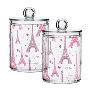 kigai romantic eiffel tower clear plastic apothecary jars 2 pack, 14 oz qtip holder dispenser with lid for cotton ball, cotton swab, floss picks, makeup sponges, hair clips