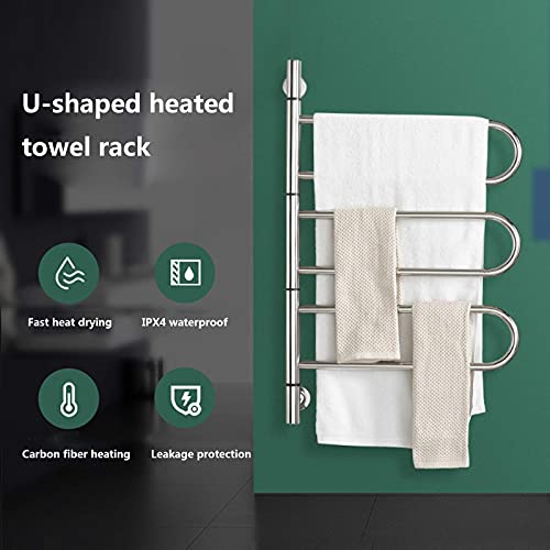 Heated Towel Rack, Plug in Towel Warmer Radiator, U Shaped Towel Rack 180 Degree Rotation 304 Stainless Steel Heated Towel Rail, Wall Mounted Electric Drying Rack,Black ，Electric Towel Warmer