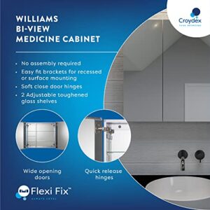 Croydex Williams Bi-View Recessed or Surface Mount, Hang 'n' Lock Easy Installation Medicine Cabinet, 30W x 26H, Aluminum