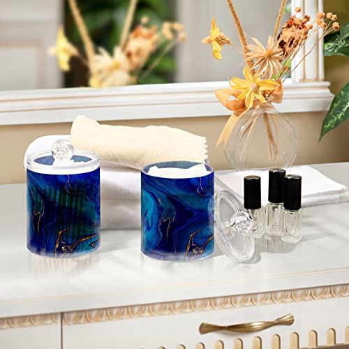 ALAZA 2 Pack Qtip Holder Dispenser Navy Blue Marble Bathroom Organizer Canisters for Cotton Balls/Swabs/Pads/Floss,Plastic Apothecary Jars for Vanity