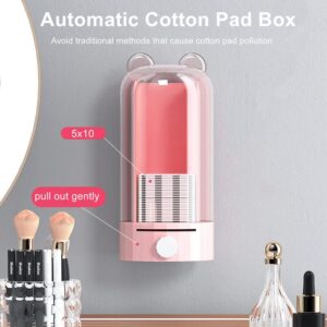 Automatic Cotton Pad Dispenser Wall-mounted Cotton Pad Holder Cotton Pad Organizer Press Out Cotton Square Holder Cotton Pad Round Holder Makeup Organizer for Pads Cotton Round Dispenser (Pink)