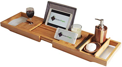 ModernTropic Home and Spa Bamboo Bathtub Caddy and Tray Expandable Non-Slip Wooden Bath Tray Securely Holds Drinks, Book/Tablet, Accessories, Phone