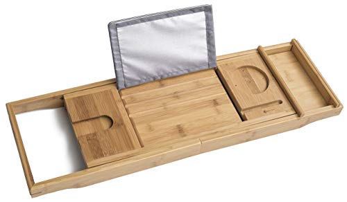 ModernTropic Home and Spa Bamboo Bathtub Caddy and Tray Expandable Non-Slip Wooden Bath Tray Securely Holds Drinks, Book/Tablet, Accessories, Phone