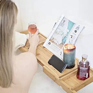 ModernTropic Home and Spa Bamboo Bathtub Caddy and Tray Expandable Non-Slip Wooden Bath Tray Securely Holds Drinks, Book/Tablet, Accessories, Phone