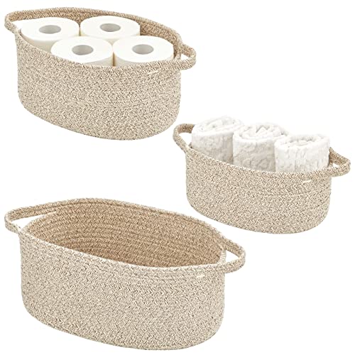 mDesign Rustic Casual Woven Cotton Rope Bathroom Basket with Handles - Storage Organizer Set for Countertop, Floor, Closet or Vanity - Holds Toilet Paper, Towels, or Magazines - Set of 3, Brown